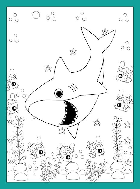 어린이를 위한 상어 색칠 공부 페이지 프리미엄 벡터