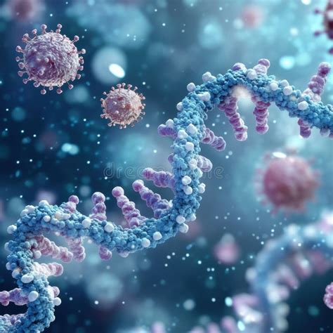 Close Up View Of A Molecular Rna Chain Surrounded By Various Viruses In A Digital Representation