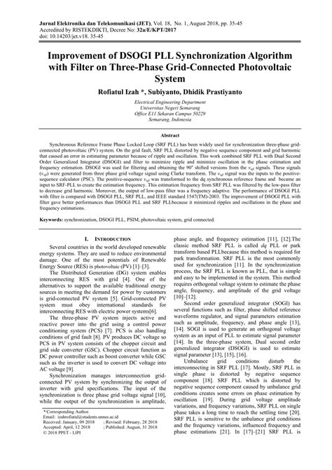 Pdf Improvement Of Dsogi Pll Synchronization Algorithm With Filter On Three Phase Grid