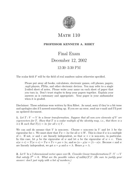 Final Exam Review Linear Algebra Math 110 Exams Linear Algebra Docsity