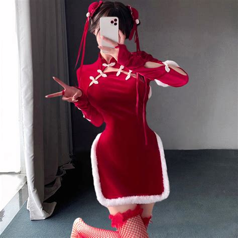 Sexy Cheongsam Dress Red Velvet Cheongsam Lingerie Dress Chinese Split