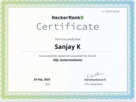 Happy To Share That I Have Obtained Sql Certification By Hackerrank🙂 Sanjay K