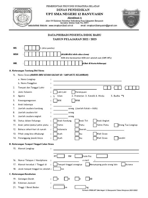 Formulir Data Siswa Baru Pdf