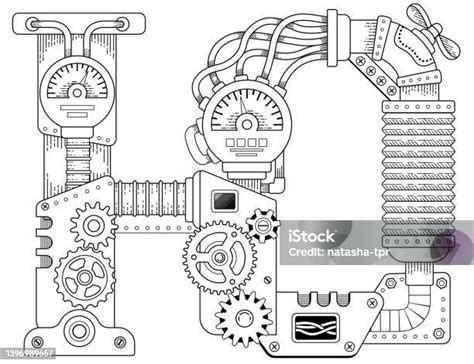 성인을위한 벡터 색칠 공부 책 스팀펑크 키릴 자모 문자 금속 기어로 만든 기계식 알파벳과 흰색 배경에 대한 다양한 세부 사항 고풍스런에 대한 스톡 벡터 아트 및 기타 이미지