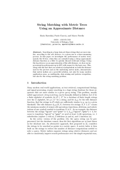 Pdf String Matching With Metric Trees Using An Approximate Distance