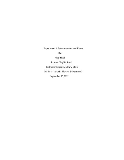 Phys Lab 1 Physics Post Lab Experiment 1 Measurements And Errors