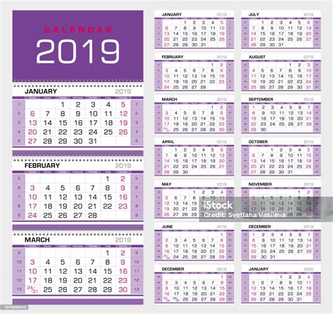 벽 분기별 달력 2019 주 숫자입니다 주 일요일부터 시작 합니다 0명에 대한 스톡 벡터 아트 및 기타 이미지 0명 10월
