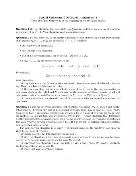 Seminar Assignment 3 Algorithms And Data Structures Questions Mcgill