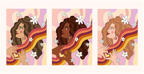 무지개 안경을 쓴 그루비 히피 소녀 초상화 70년대 복고풍 여성은 다양한 피부색 옵션 재미있는 긍정적인 포스터 플래카드 티셔츠 인쇄 미리 만들어진 템플릿 벡터 팩에