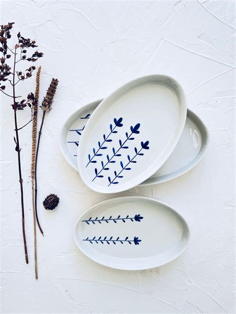 Oval Plate Set Of 3 Floral Oval Plate Handmade Pottery Serving Tray