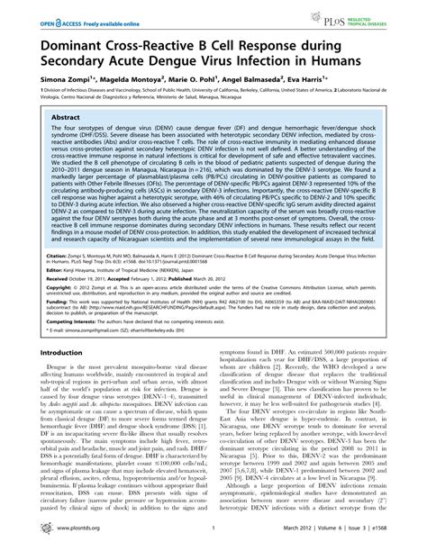 Pdf Dominant Cross Reactive B Cell Response During Secondary Acute Dengue Virus Infection In