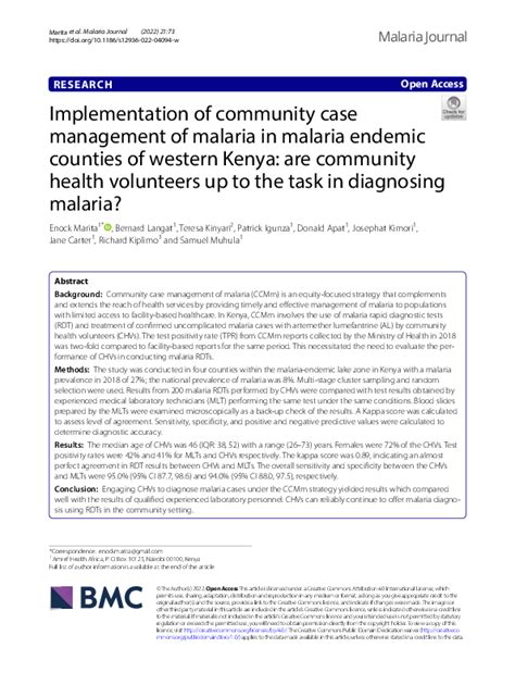 Pdf Implementation Of Community Case Management Of Malaria In Malaria Endemic Counties Of