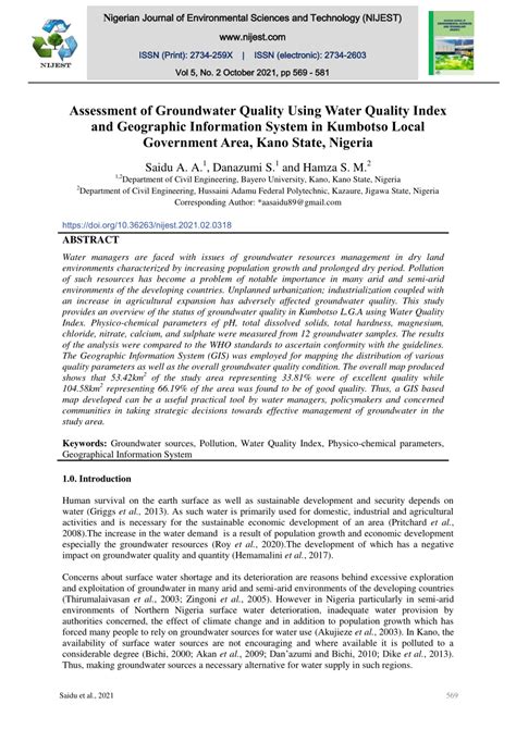 Pdf Assessment Of Groundwater Quality Using Water Quality Index And Geographic Information