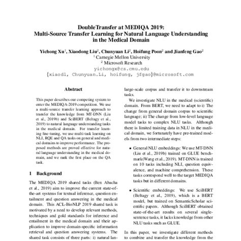 Doubletransfer At Mediqa 2019 Multi Source Transfer Learning For Natural Language Understanding
