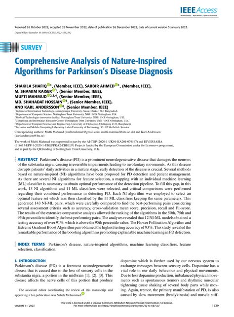 Pdf Comprehensive Analysis Of Nature Inspired Algorithms For Parkinsons Disease Diagnosis