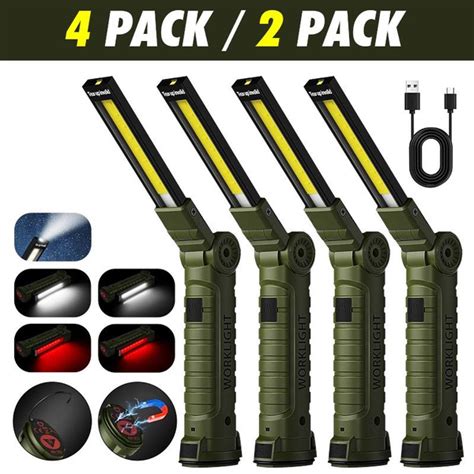 4pack 2pack Rechargeable Work Light Cob Torchlight With Magnetic Base 5 Modes White Red Light
