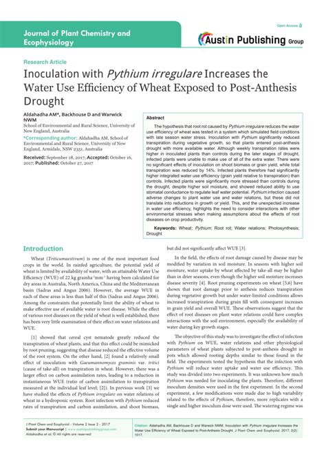 Pdf Inoculation With Pythium Irregulare Increases The Water Use Efficiency Of Wheat Exposed To