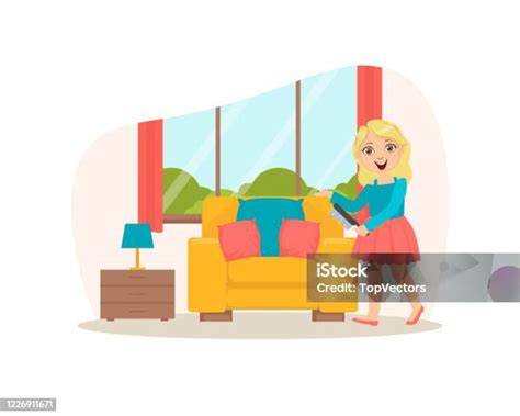 귀여운 소녀 청소 안락의자 브러쉬 아이 하기 집집집집 집안일 벡터 일러스트 가구에 대한 스톡 벡터 아트 및 기타 이미지 가구 가사 집안일 가정 생활 Istock