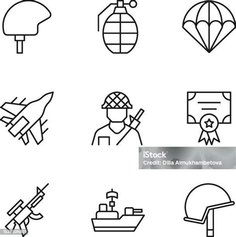 선 스타일로 그려진 벡터 격리 표지판 모음입니다 편집 가능한 획 헬멧 안전모 수류탄 군인 및 기타 군대의 상징 군용헬멧에 대한