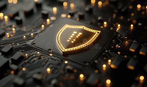 Cybersecurity Shield Symbol On Circuit Board Glowing Lights Intricate Design Technology