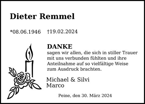 Traueranzeigen Von Dieter Remmel Trauer Anzeigen De
