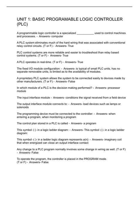 Unit 1 Basic Programable Logic Controller Plc Plc Stuvia Uk
