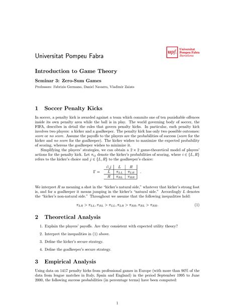 Penalty Kicks Universitat Pompeu Fabra Introduction To Game Theory