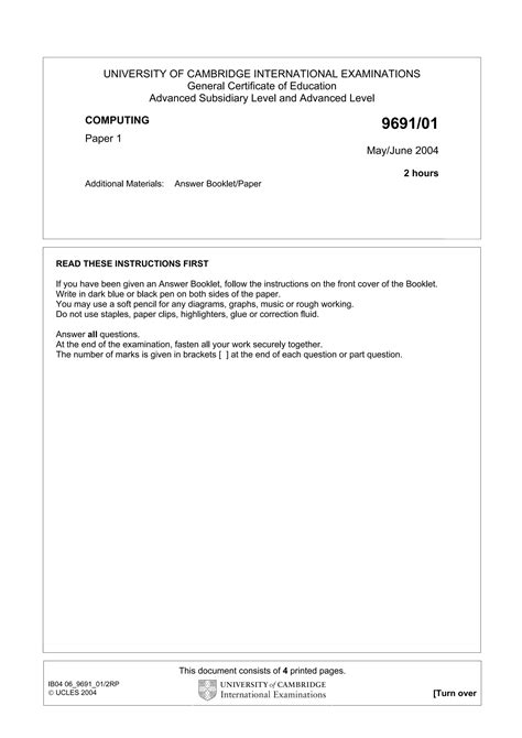 Computing Paper 1 9691 May June 2004 Computers General Certificate Of Education Advanced Level