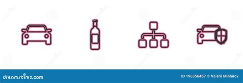 Set Line Car Hierarchy Organogram Chart Bottle Of Wine And Protection Insurance Icon Vector