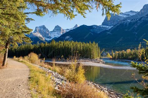Premium Photo Beautiful Bow River Scenery Canmore Alberta Canada The Three Sisters Trio Of