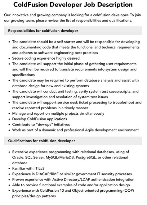 Coldfusion Developer Job Description Velvet Jobs