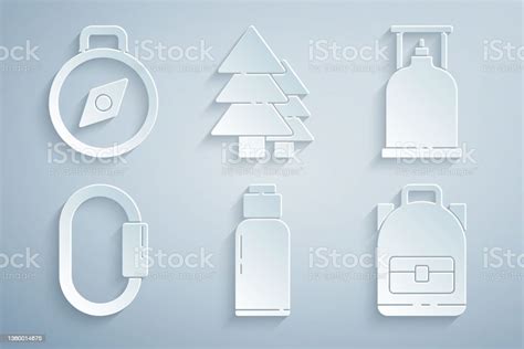 세트 매점 물병 캠핑 가스 스토브 카라비너 하이킹 배낭 나무와 나침반 아이콘 벡터 3차원 형태에 대한 스톡 벡터 아트 및 기타 이미지 3차원 형태 가루로 빻은 가방