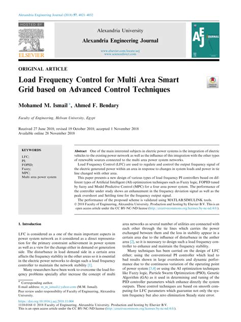 PDF Load Frequency Control For Multi Area Smart Grid Based On Advanced Control Techniques