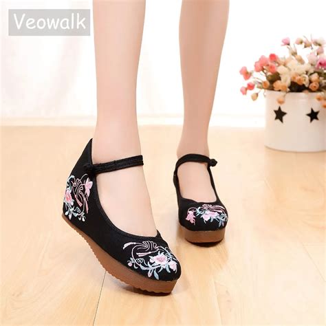 Veowalk 중국어 자수 여성 캔버스 플랫폼 신발 숙녀 캐주얼 엘리베이터 스니커즈용 오래된 베이징 플랫여성용 플랫