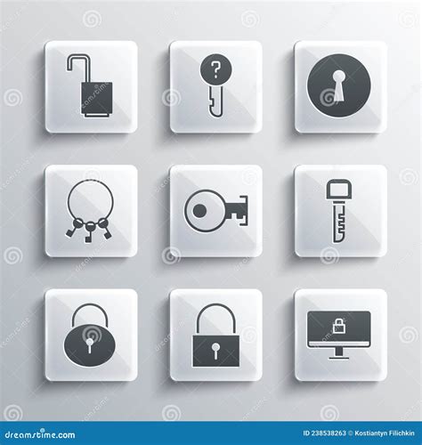 Set Lock On Computer Monitor Key Bunch Of Keys Open Padlock And Keyhole Icon Vector Stock
