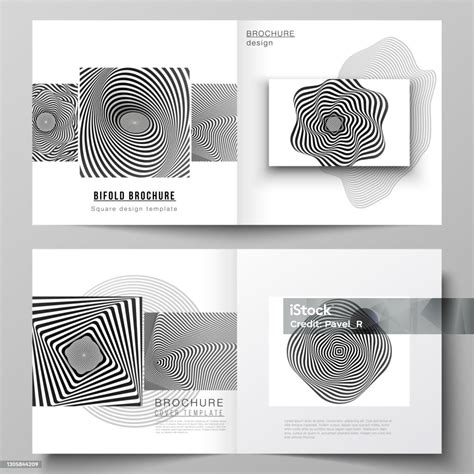 두 개의 벡터 레이아웃은 사각형 디자인 이중 브로셔 잡지 전단지 소책자를 위한 템플릿을 다룹니다 착시 블랙과 화이트 디자인 패턴이 있는 추상적인 3d 기하학적 배경