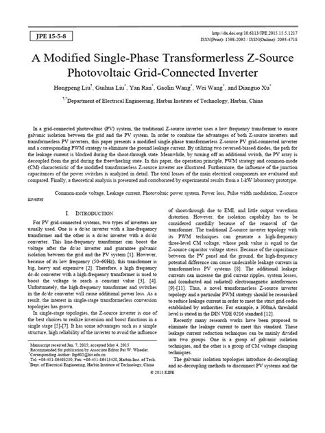 A Modified Single Phase Transformerless Z Source Photovoltaic Grid Connected Inverter Pdf
