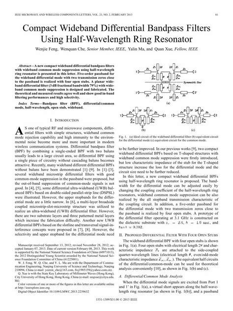 Pdf Compact Wideband Differential Bandpass Filters Using Half