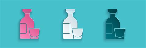 종이 잘라 알코올 음료 럼 병과 파란색 배경에 고립 유리 아이콘 종이 아트 스타일 벡터 3차원 형태에 대한 스톡 벡터 아트 및 기타 이미지 3차원 형태 고풍스런