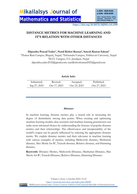 pdf distance metrics for machine learning and it s relation with