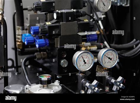 Hydraulic System Of Cnc Machining Center With Gauges To Control Pressure Selective Focus Stock