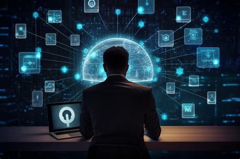 Cyber Security Network Data Protection Concept Businessman Using Laptop Computer With Digital