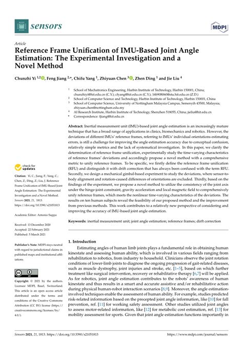 Pdf Reference Frame Unification Of Imu Based Joint Angle Estimation