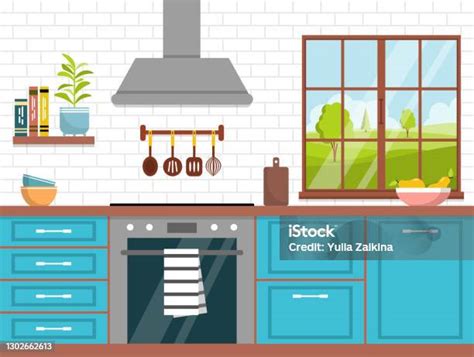 가구와 주방 인테리어 스토브 배기 후드 및 기구가있는 아늑한 주방 인테리어 격리된 배경의 플랫 스타일벡터 일러스트레이션입니다 부엌에 대한 스톡 벡터 아트 및 기타 이미지