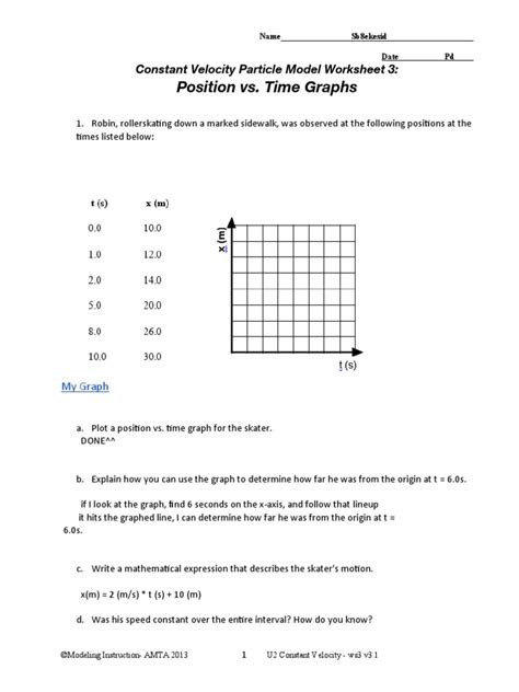 Position Vs Time Graphs Constant Velocity Particle Model Worksheet 3