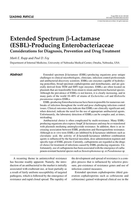 Pdf Extended Spectrum Beta Lactamase Esbl Producing Enterobacteriaceae Considerations For