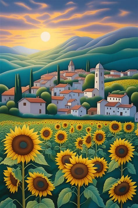 Соняшники Фентезійний сільський краєвид Beautiful Art Paintings