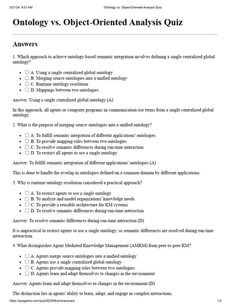 Ontology Vs Object Oriented Analysis Quiz Pdf Ontology