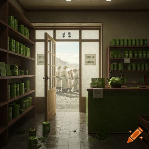 Interior Of A Traditional East Asian Tea Shop With Shelves Of Green Tea