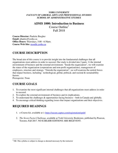 Adms 1000 Course Outline York University Faculty Of Liberal Arts And